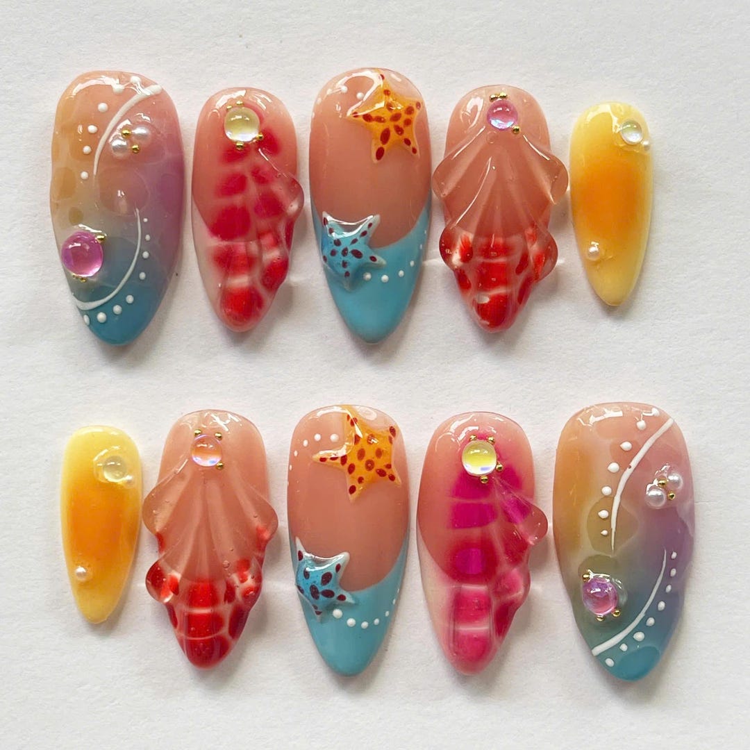Summer Ocean Almond Nail Set, Hand-painted Starfish, Seashells ...