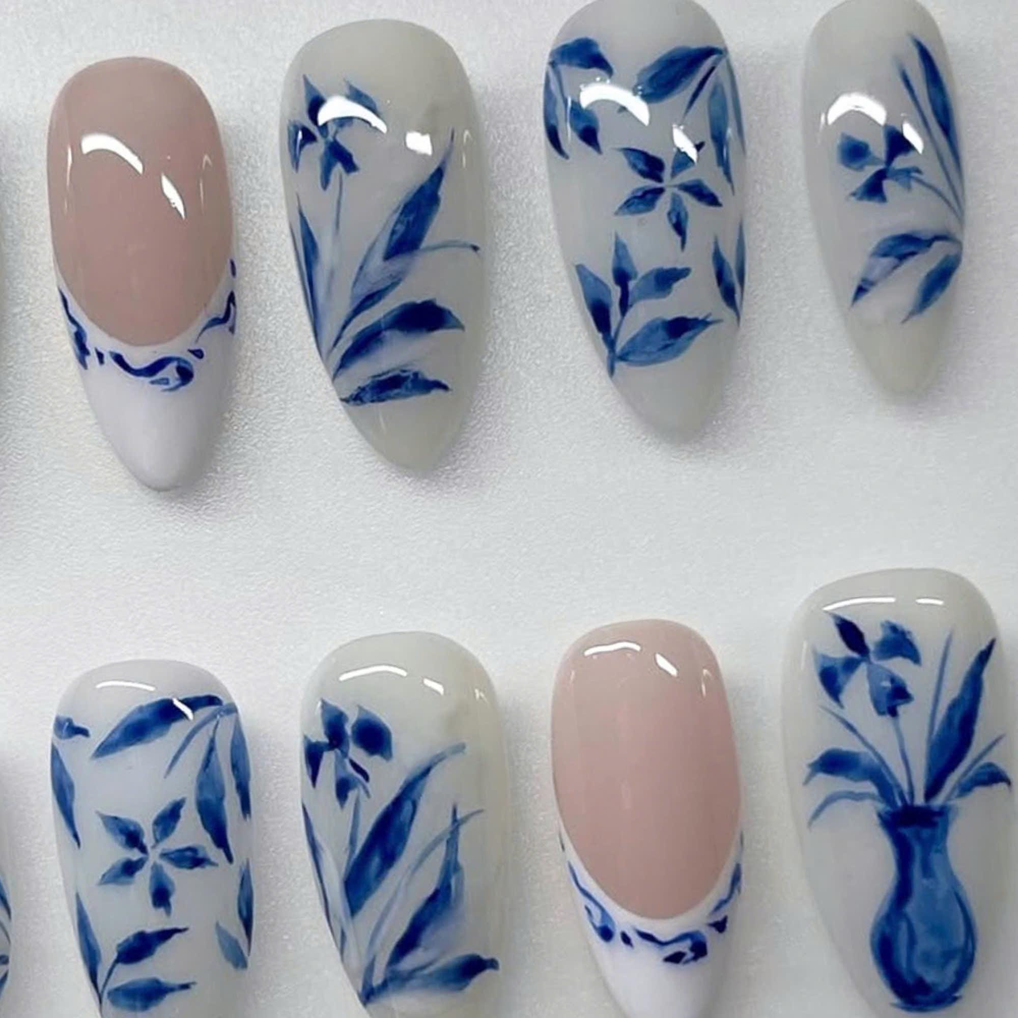 Blue Porcelain Press on Nails, Hand Painted Floral Fake Nails, Elegant ...