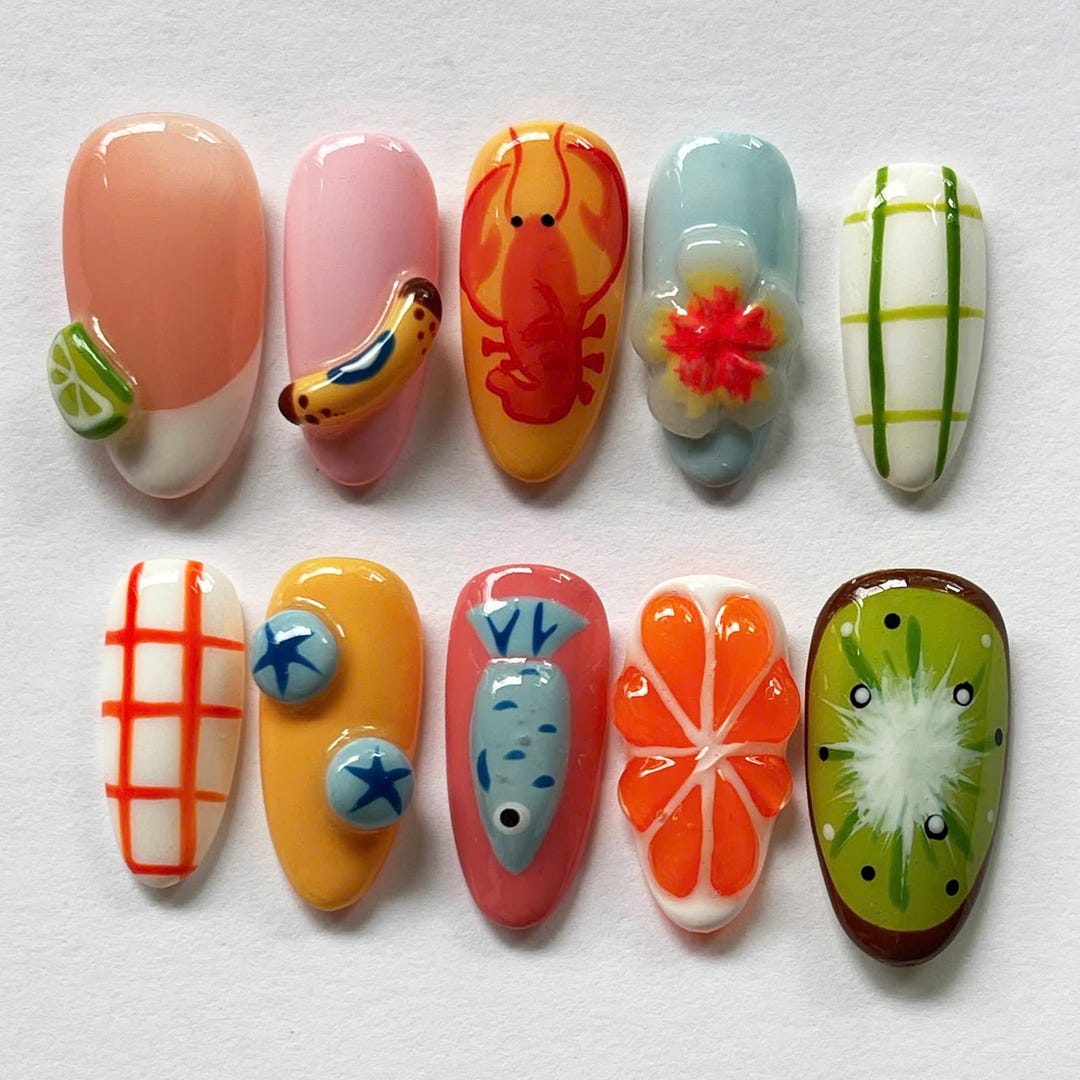 Hand-painted Nail Art Set, Colorful Fruit & Sea Creature Design Press ...