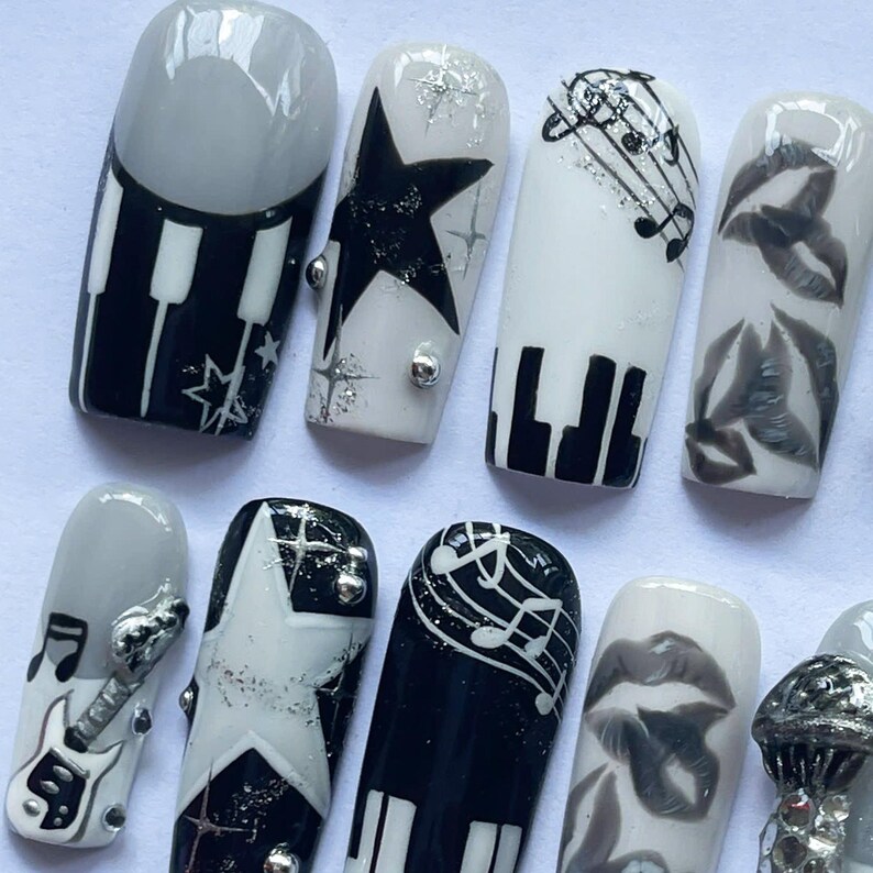 Unique Music Press on Nails, Square Nail Set With Black White Piano ...