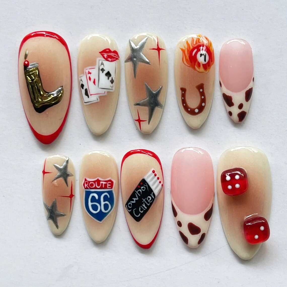 Custom Cowboy Carter Press on Nail, Route 66 Vegas Dice Poker Themed ...
