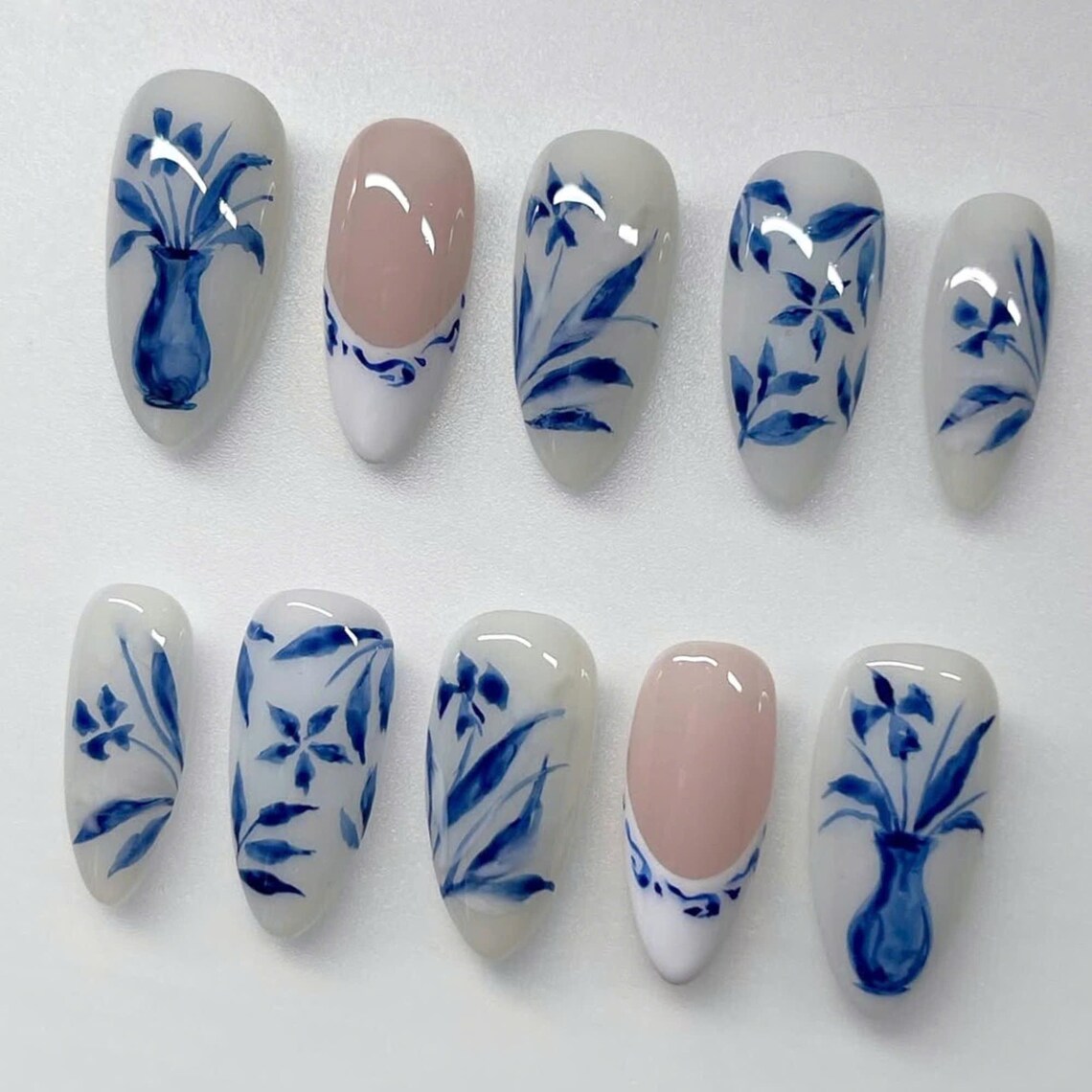 Blue Porcelain Press on Nails, Hand Painted Floral Fake Nails, Elegant ...