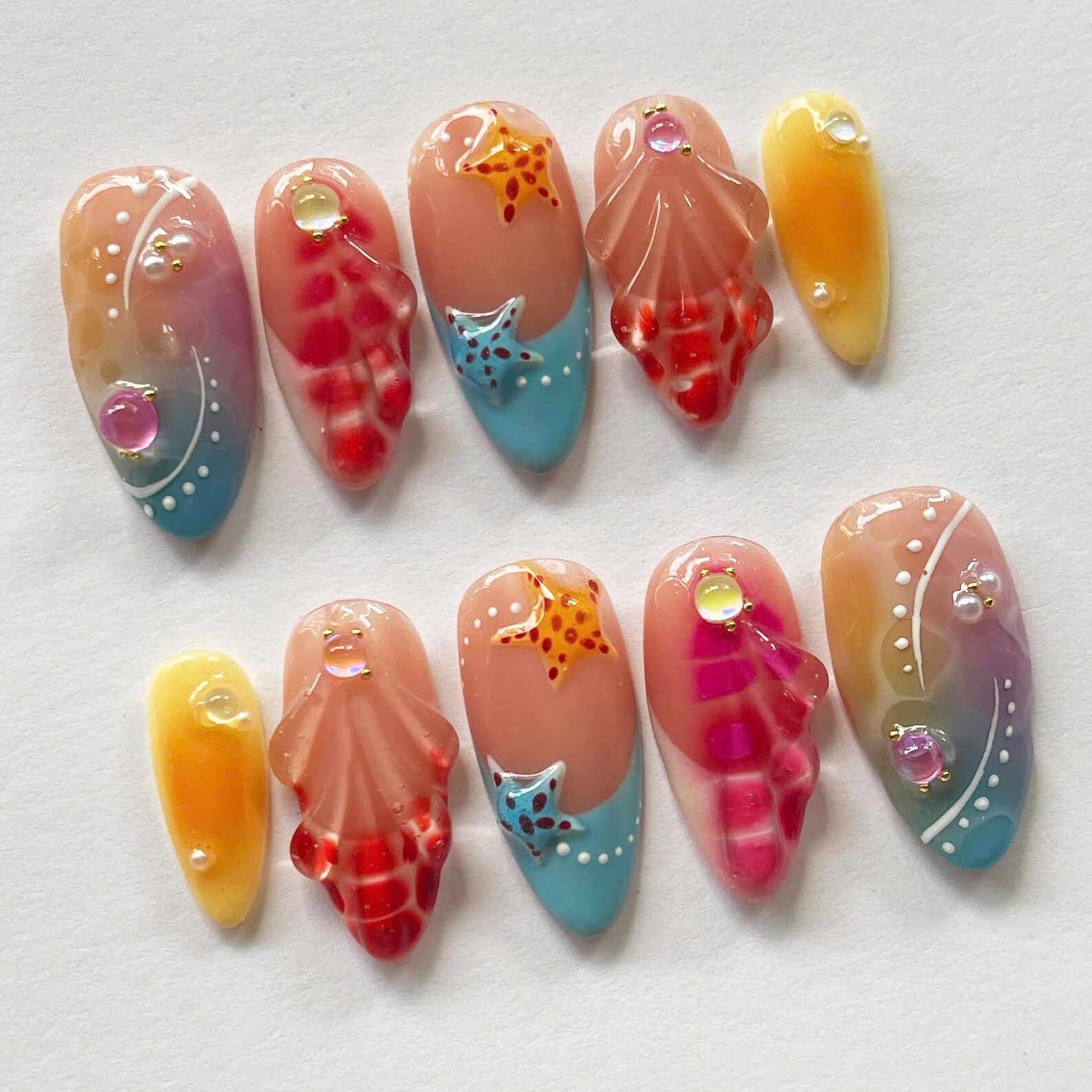 Summer Ocean Almond Nail Set, Hand-painted Starfish, Seashells ...