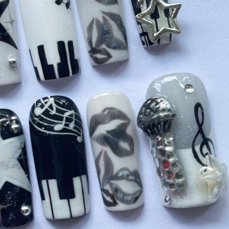 Unique Music Press on Nails, Square Nail Set With Black White Piano ...