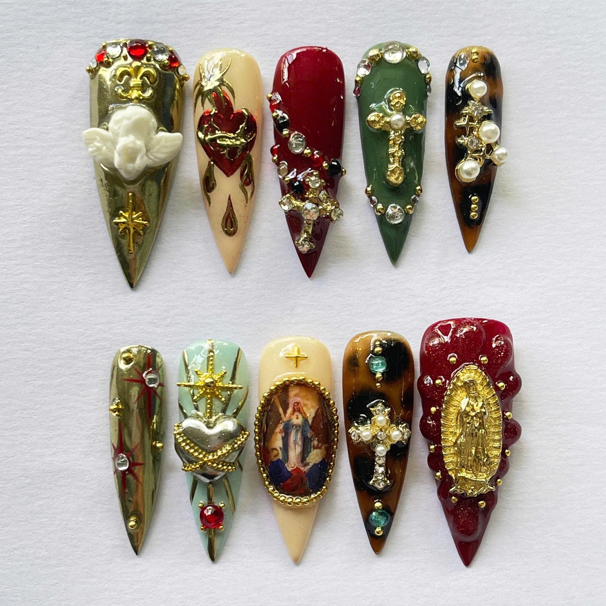 Gothic Spiritual Press on Nails, Sacred Heart & Cross Nail Art Set ...