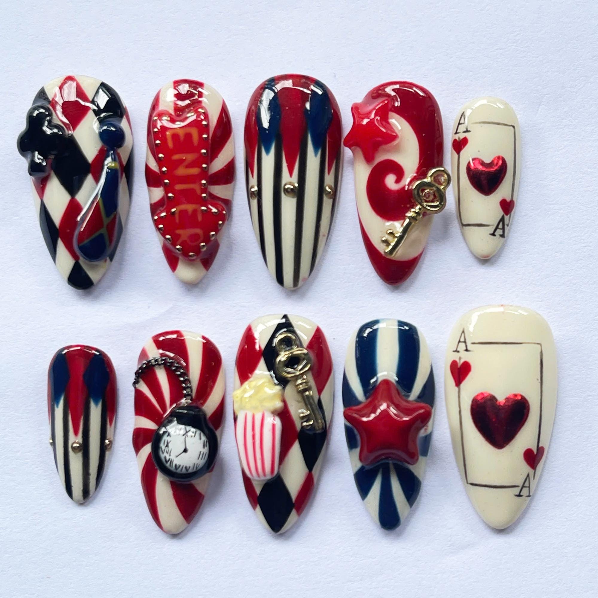 Casino Theme Press on Nails, Handmade Poker & Dice Nail Art With Charms ...