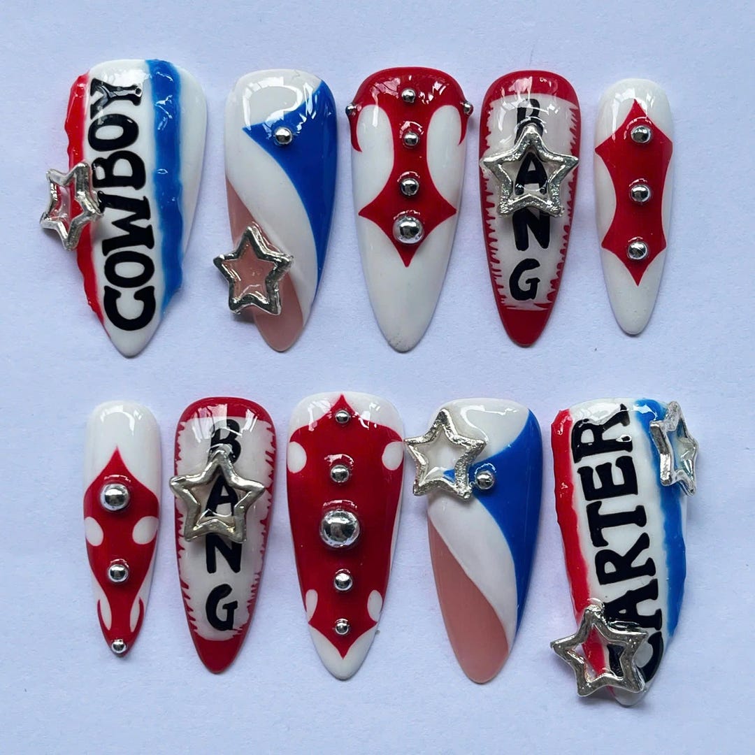 Cowboy Gang Press on Nails, Western Red White Blue Almond Nail, Carter ...