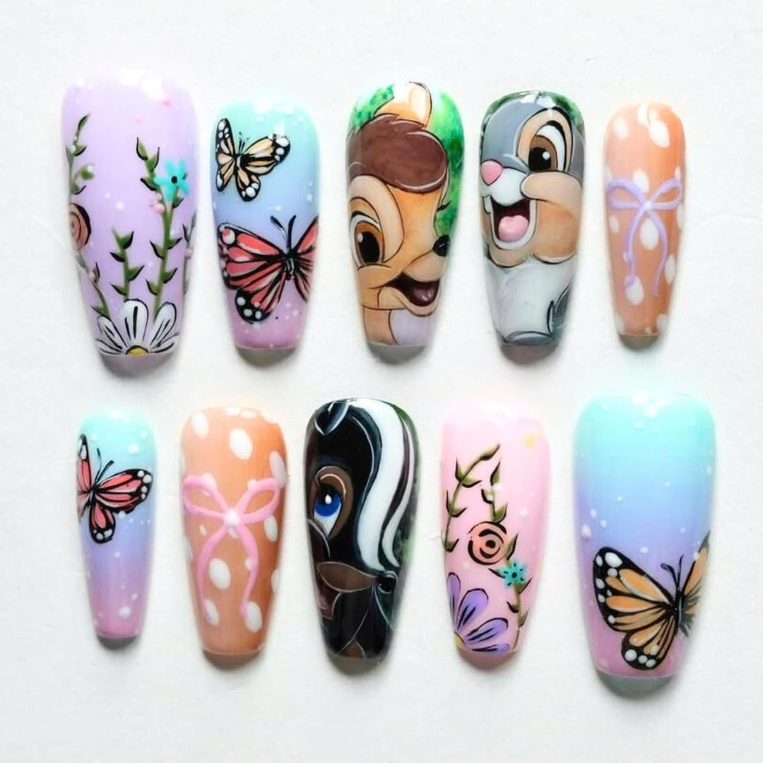 Handmade Bambi Press on Nails, Cute Butterfly Cartoon Nail Art, Kawaii ...