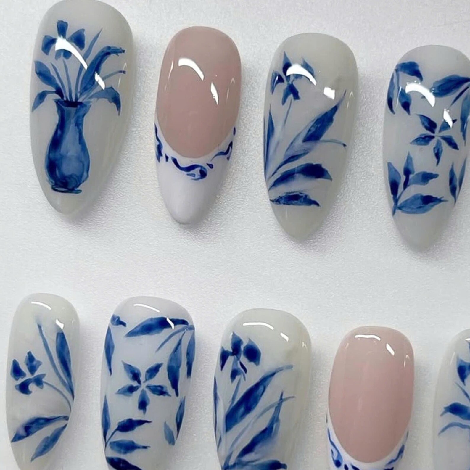 Blue Porcelain Press on Nails, Hand Painted Floral Fake Nails, Elegant ...