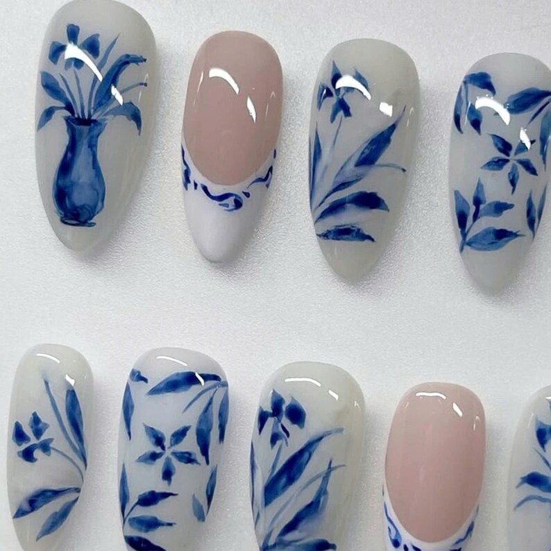 Blue Porcelain Press on Nails, Hand Painted Floral Fake Nails, Elegant ...