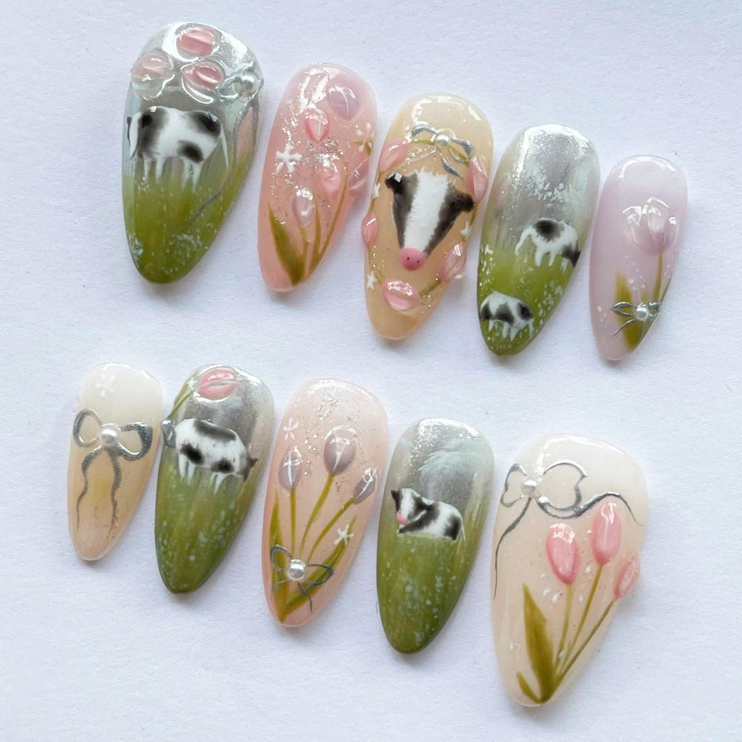Hand-painted Cow & Flower Nail Set, Unique Handmade Press on Nails With ...