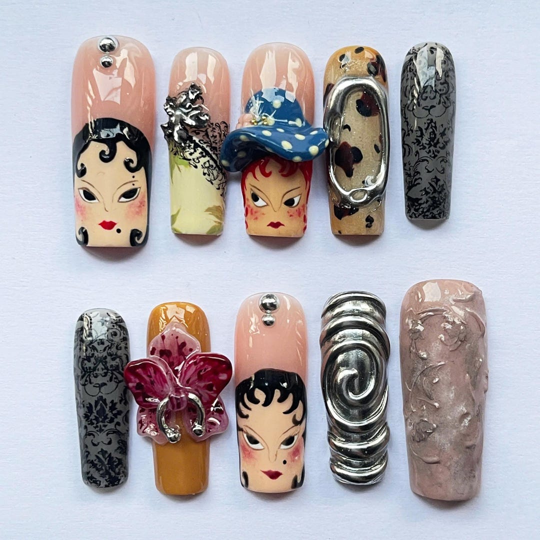 Hand Painted Retro Portrait Press on Nails With 3D Sculpted Art Details ...
