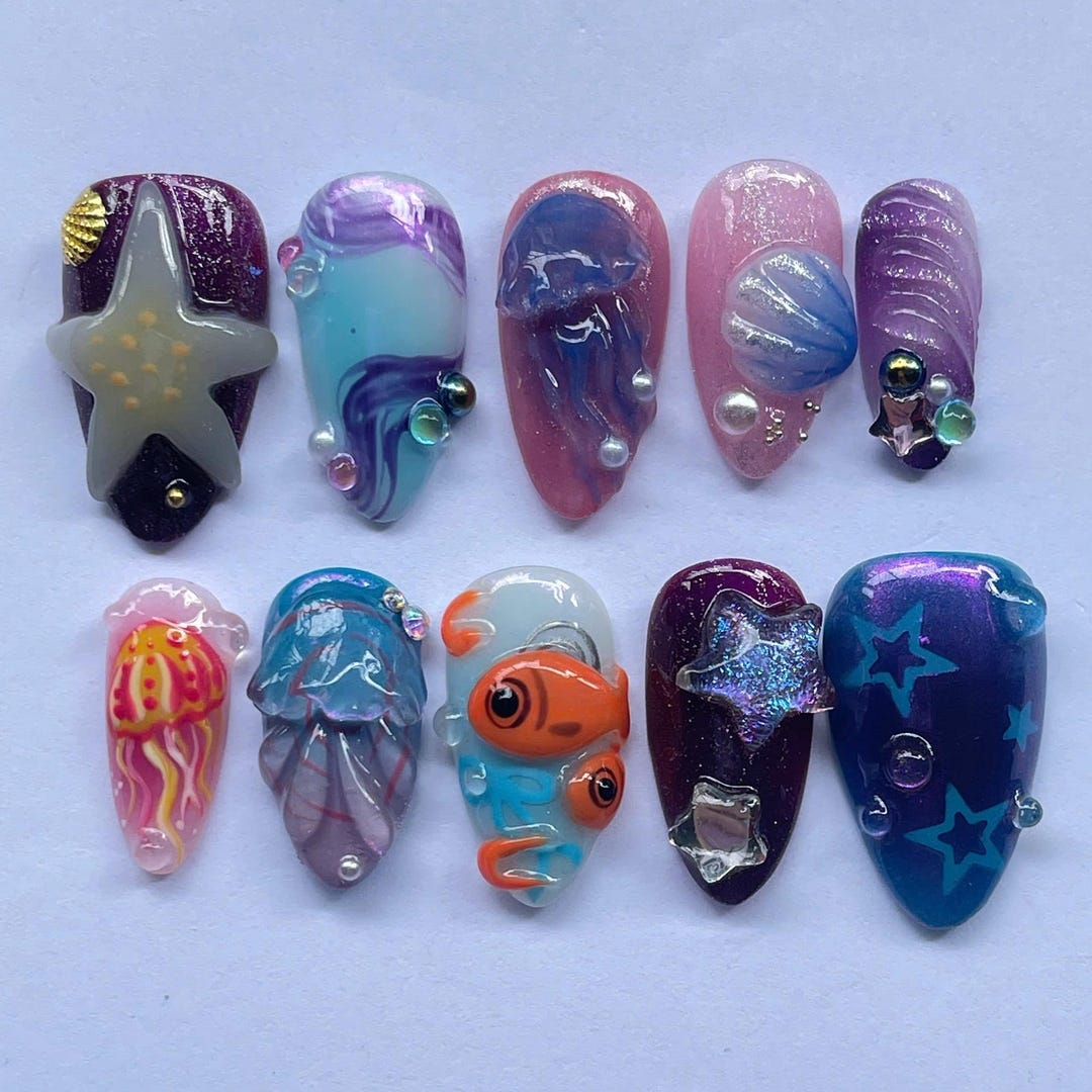 3D Underwater Sea Theme Press on Nails With Rhinestones, Starfish ...