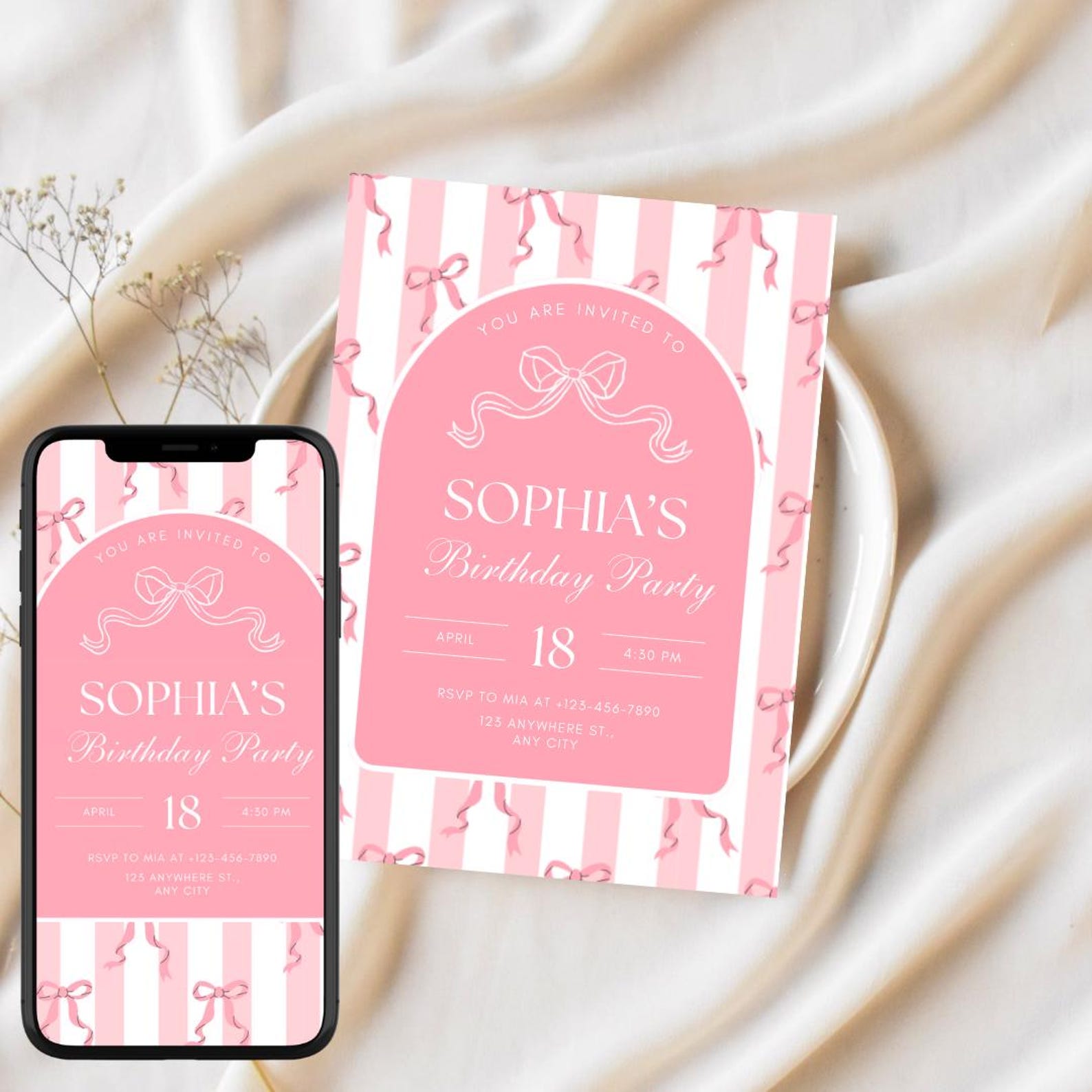 Editable Pink Bow Birthday Invitation | Pink Bow Theme | Birthday ...