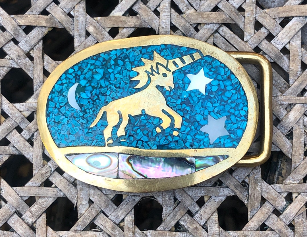 Vintage 1970s Trinity Buckle Co Round Unicorn Turquoise Shell Moon Star ...