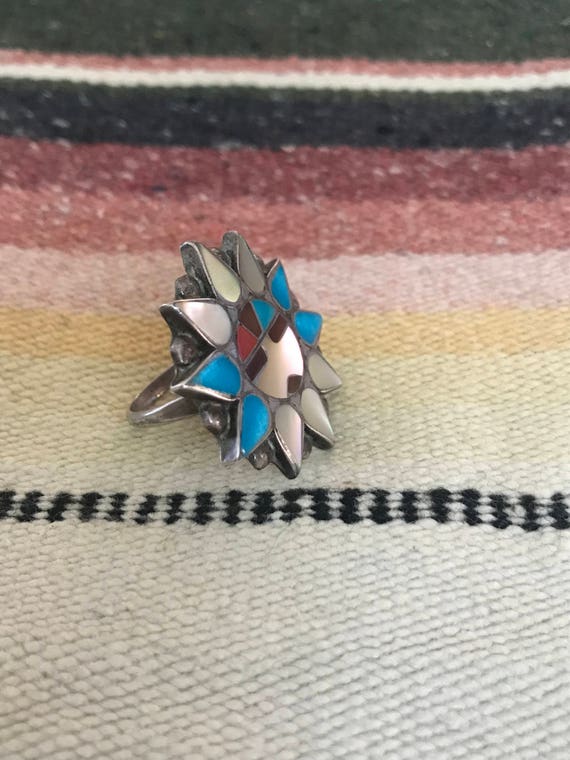 Vintage Zuni Inlay Sun Face Ring - Gem