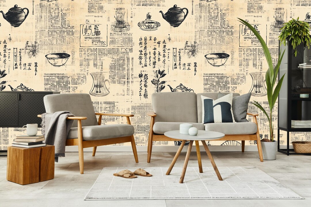 Vintage Tea Themend Wallpaper- Japanese Inspired Retro Wall Art for ...