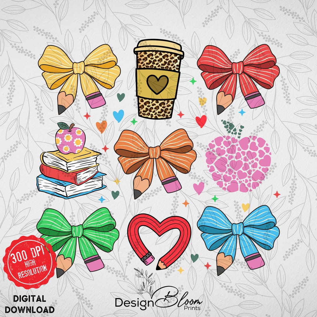 Teacher Coquette Bow PNG: Back to School Floral Design (digital ...