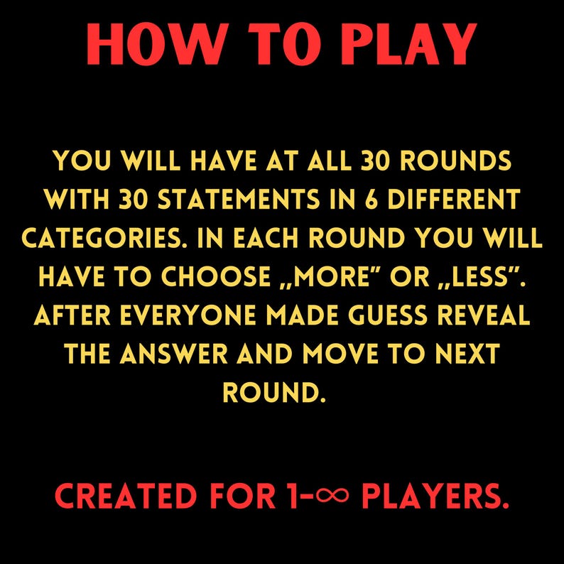 MORE or LESS Game| 6 Rounds - 30 Statements | Digital Party Game ...