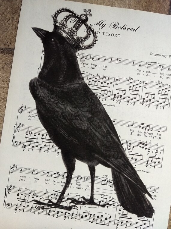 Rustic Black Crow With Crown on Vintage Sheet Music Halloween | Etsy ...