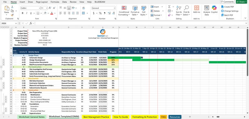 Editable Gantt Chart | Construction Project Schedule Template | Project ...