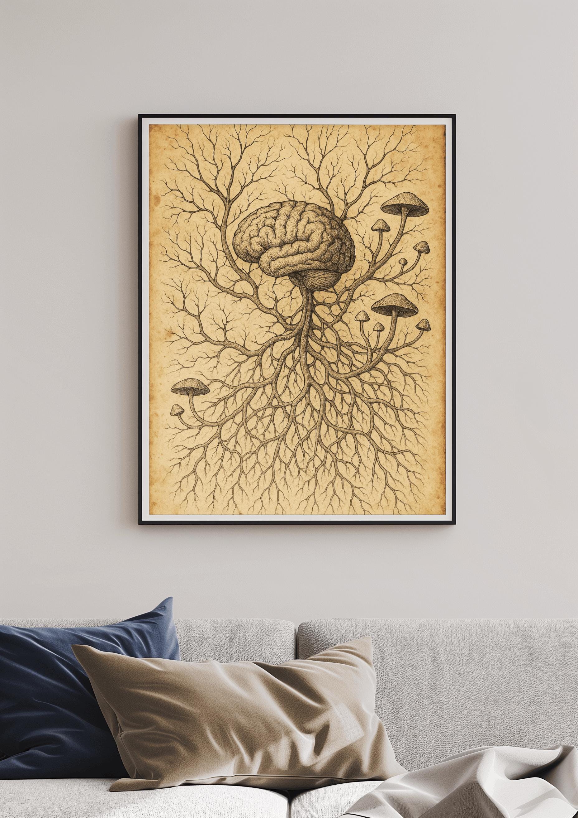 Vintage Brain and Mushroom Mycelium Art Print - Scientific Botanical ...