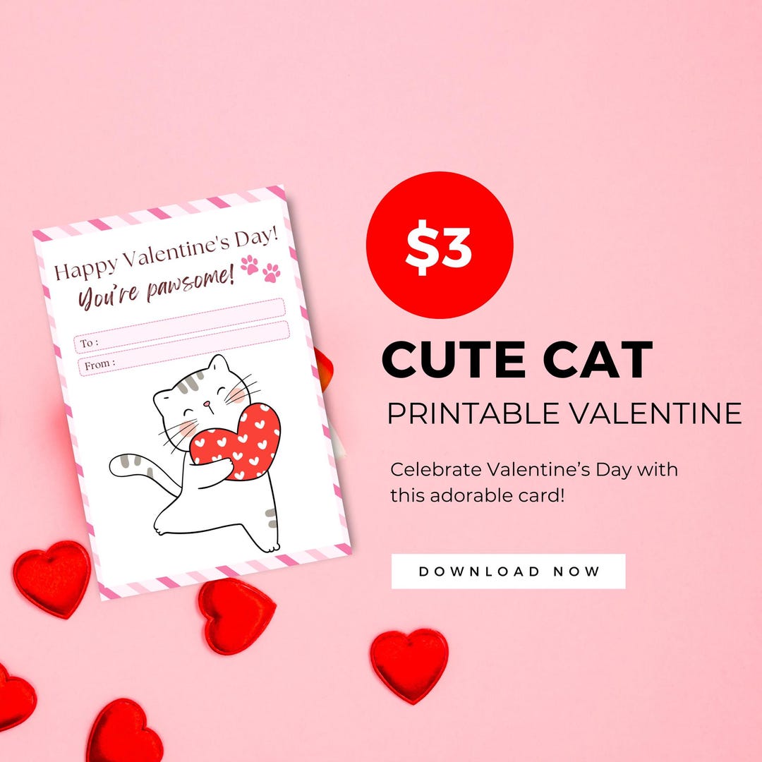Cute Cat Valentine's Day Card Printable, Cute Kitten Valentine's Day ...