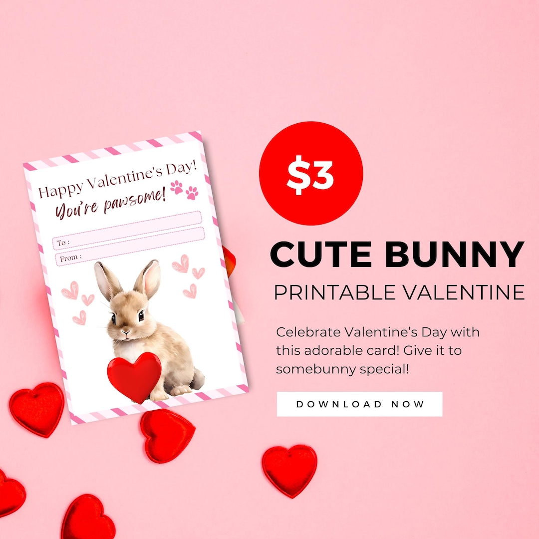 Cute Bunny Valentine's Day Card Printable, Cute Rabbit Valentine's Day ...
