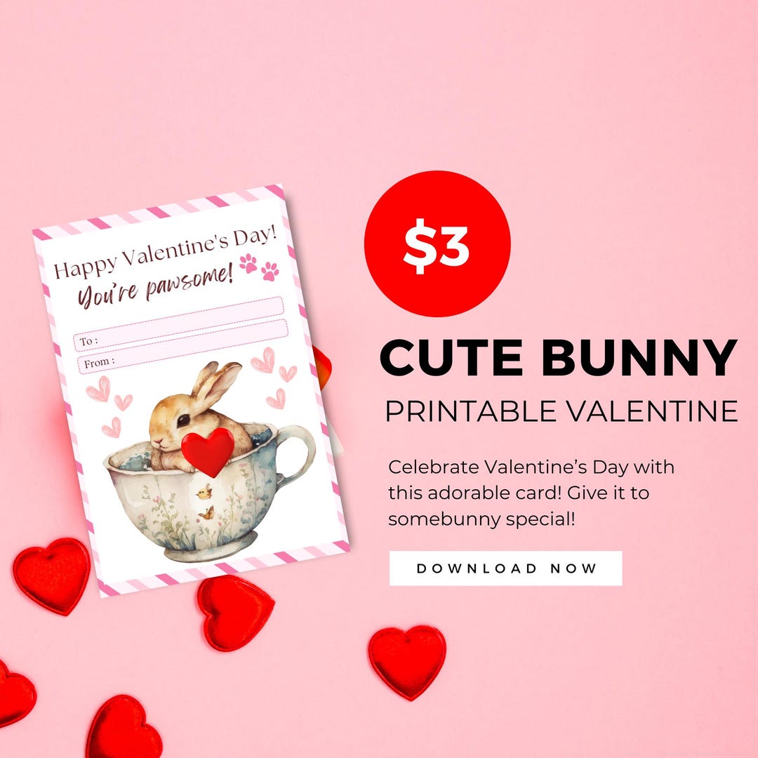 Cute Bunny Valentine's Day Card Printable, Cute Rabbit Valentine's Day ...