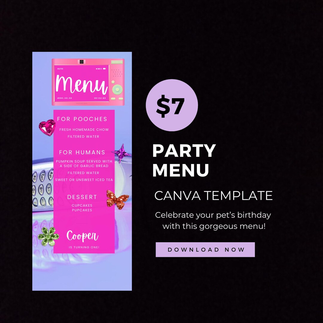 Y2K Party Menu Canva Template, 2000s Nostalgic Customizable Printable ...