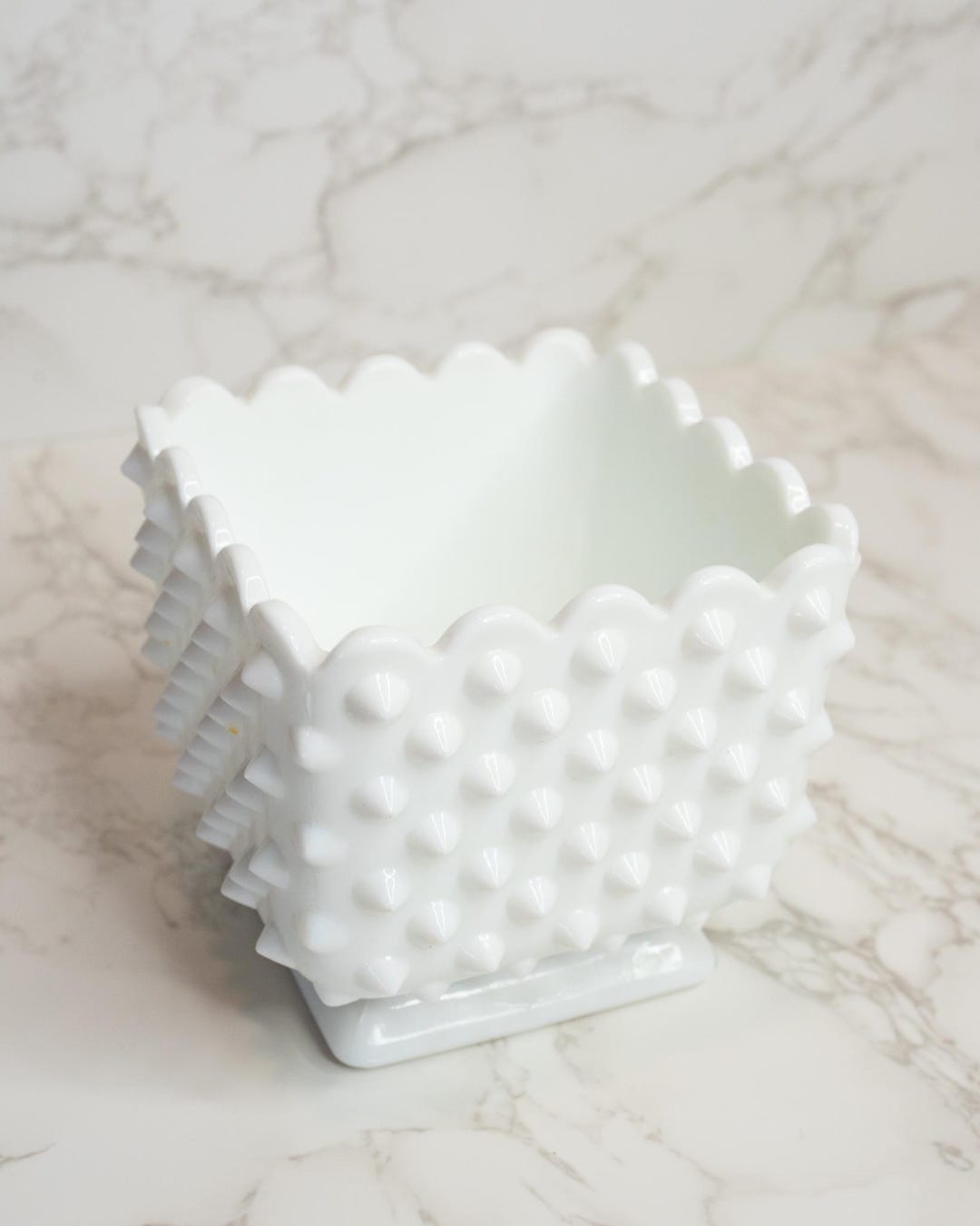 Vintage Fenton Milk Glass Hobnail Square Planter With Scalloped Edges ...