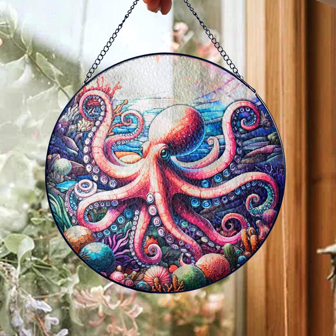 Octopus Stained Glass Suncatcher, Octopus Window Hanging, Sea Octopus ...