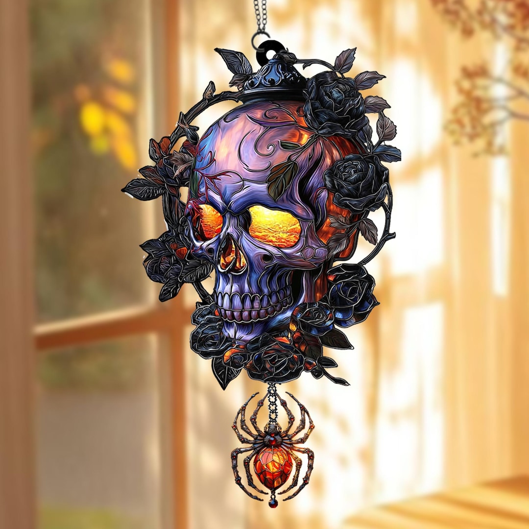 Glow Skull With Spider Charm Suncatcher, Gothic Skull ACRYLIC Window ...