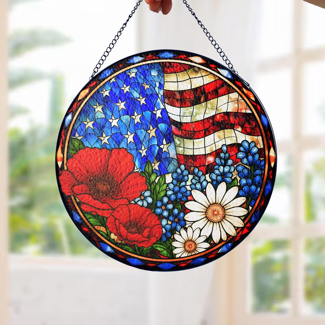 Floral American Flag Suncatcher, 4th of July Stained Glass Suncatcher ...