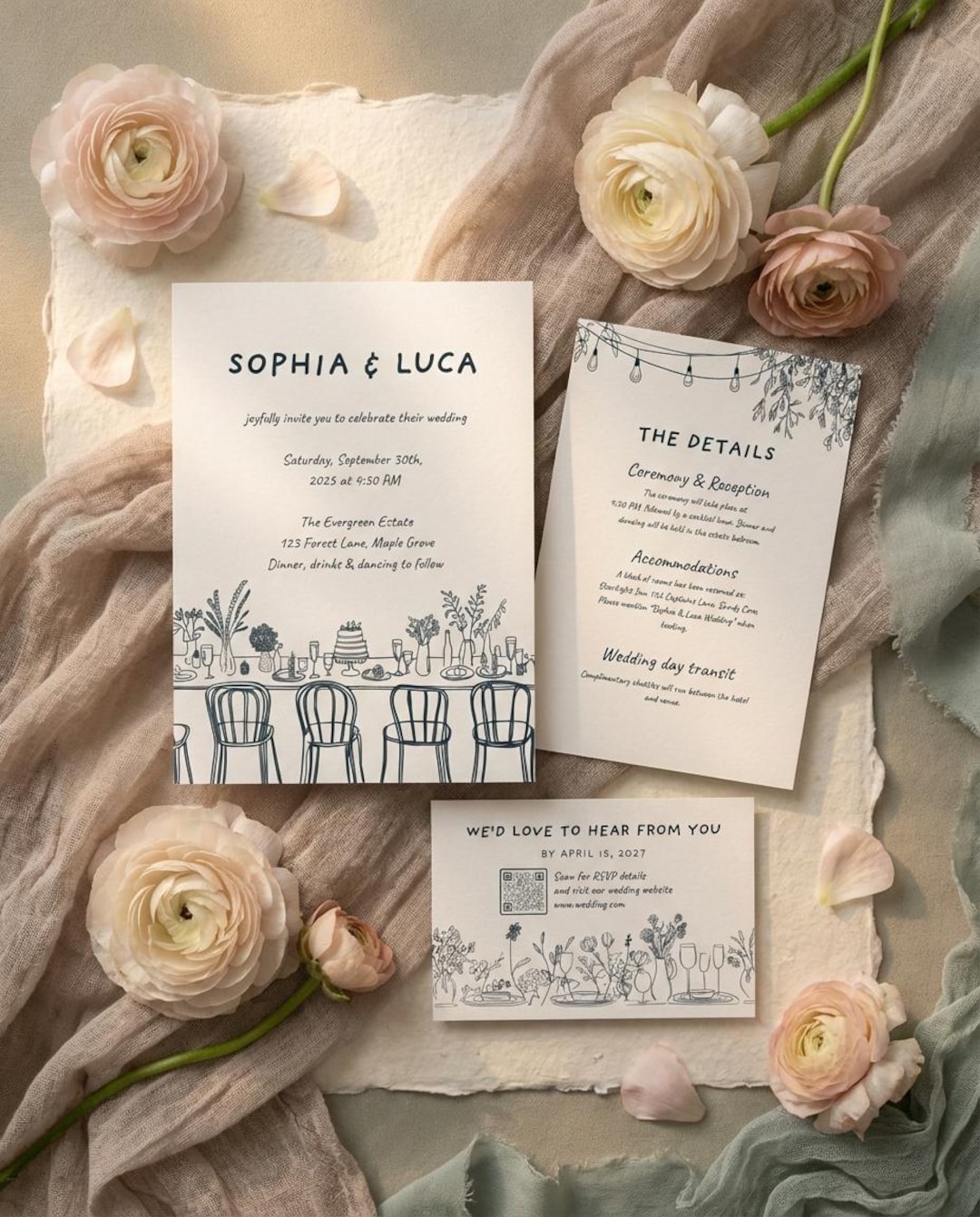 Hand-drawn Wedding Invitation Suite Template: Romantic Canva Design - Etsy