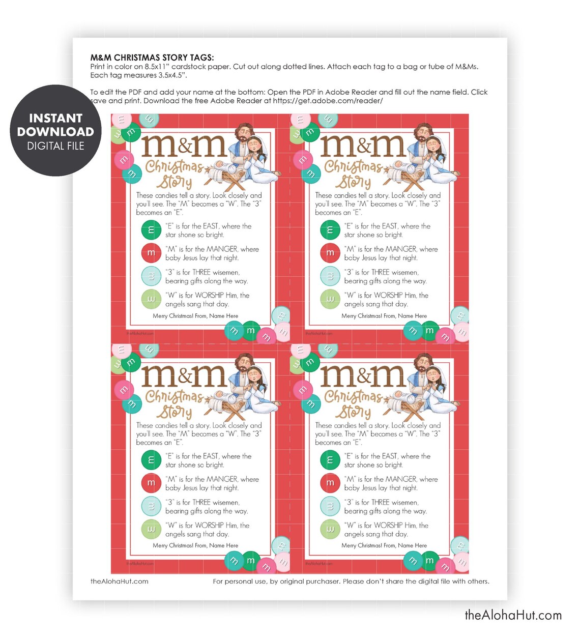 M&M Christmas Nativity Story Tag Handout Ministering Printable Jesus ...
