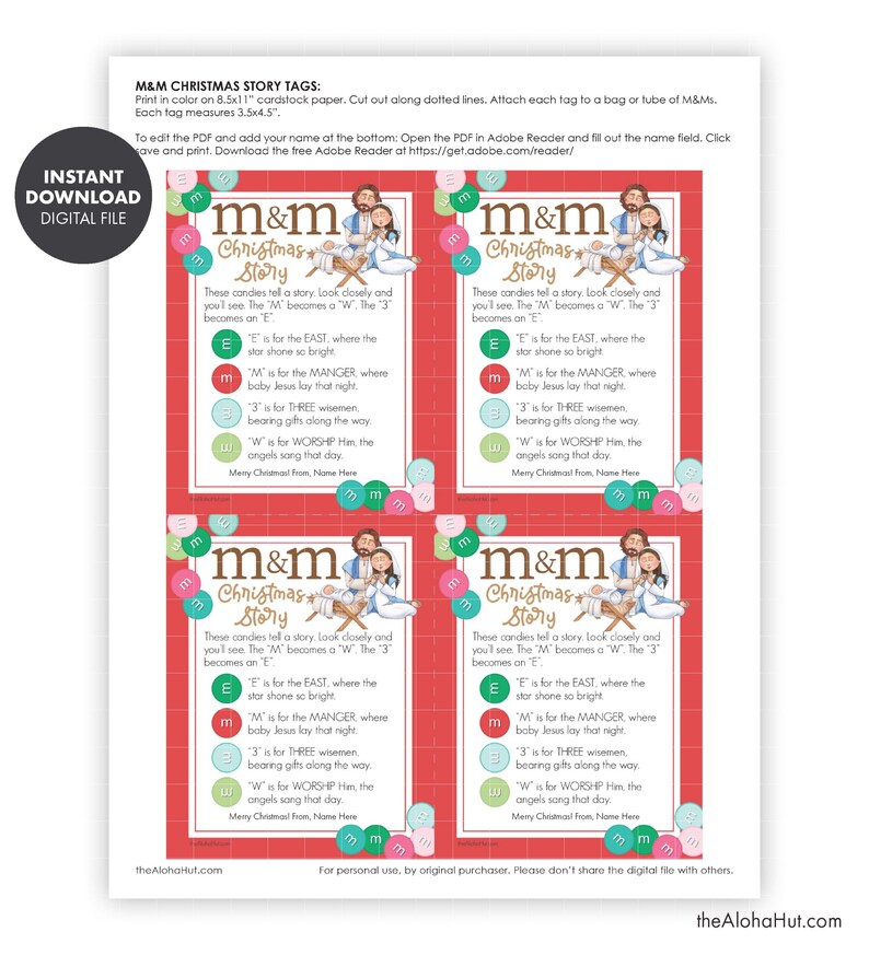 M&M Christmas Nativity Story Tag Handout Ministering Printable Jesus ...