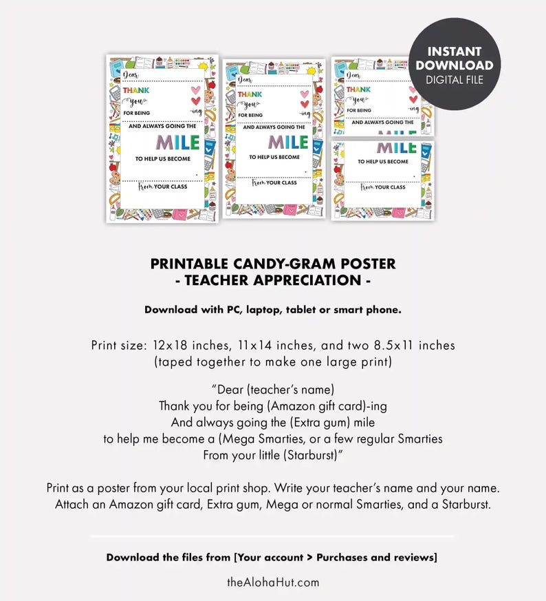 Giant Thank You Card for Teacher Appreciation Week Candygram Candy-gram ...