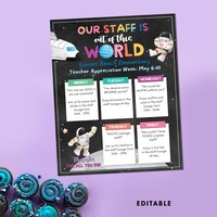 Space Theme Teacher Appreciation Week Itinerary Poster, Employee Staff ...