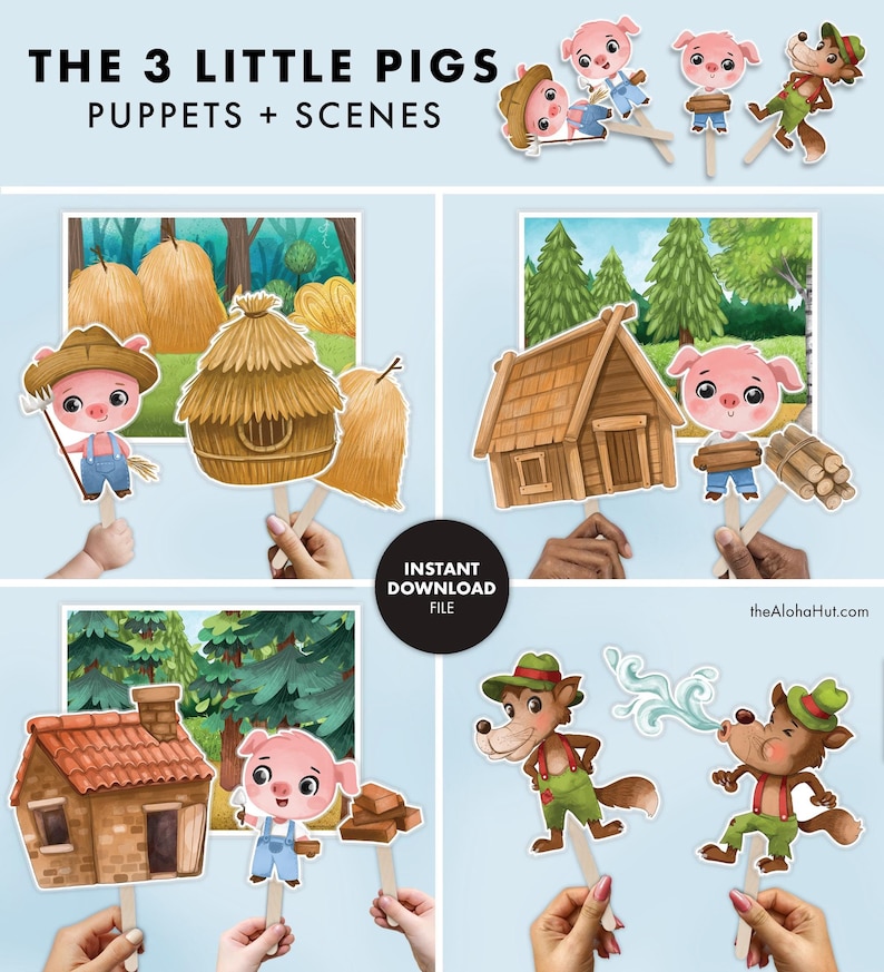 Three Little Pigs Puppets & Scenes Toddler Educational Worksheet ...