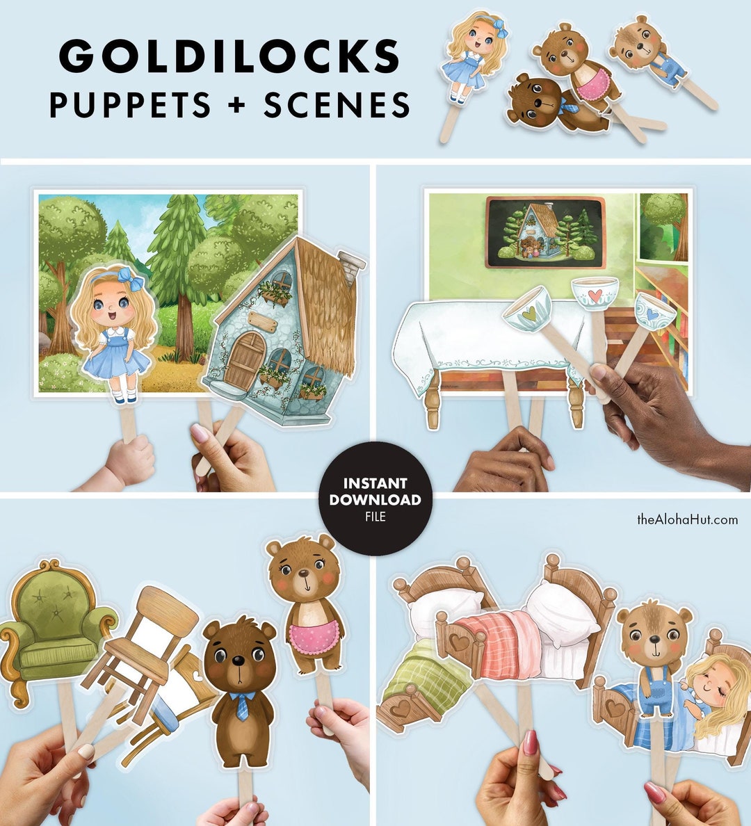 Goldilocks Three Bears Puppets & Scenes Toddler Educational Worksheet ...