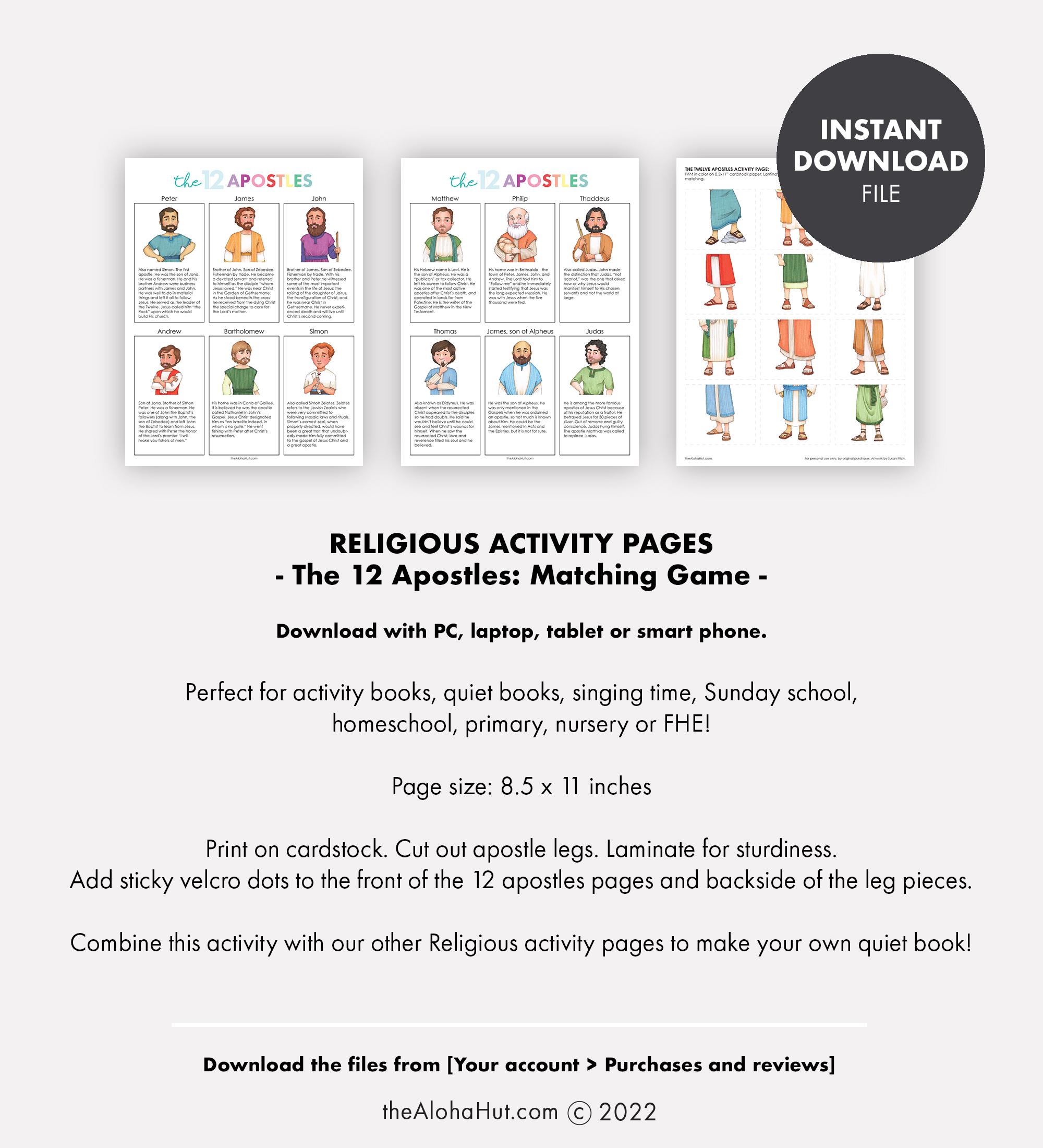 The Twelve Apostles Matching Game Activity Pages Lesson Bible Story ...