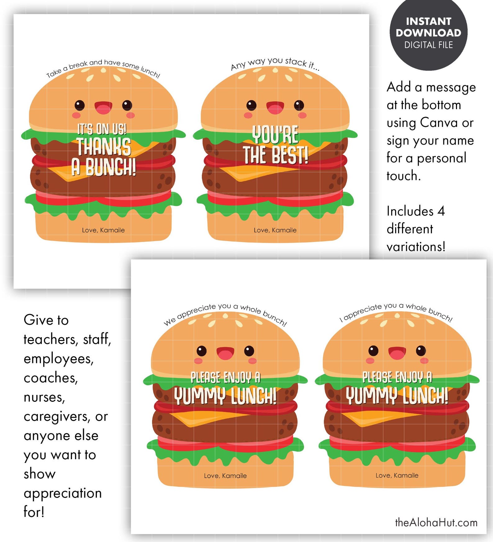 Hamburger Thank You Tags - Teacher Appreciation Week Staff Nurse ...
