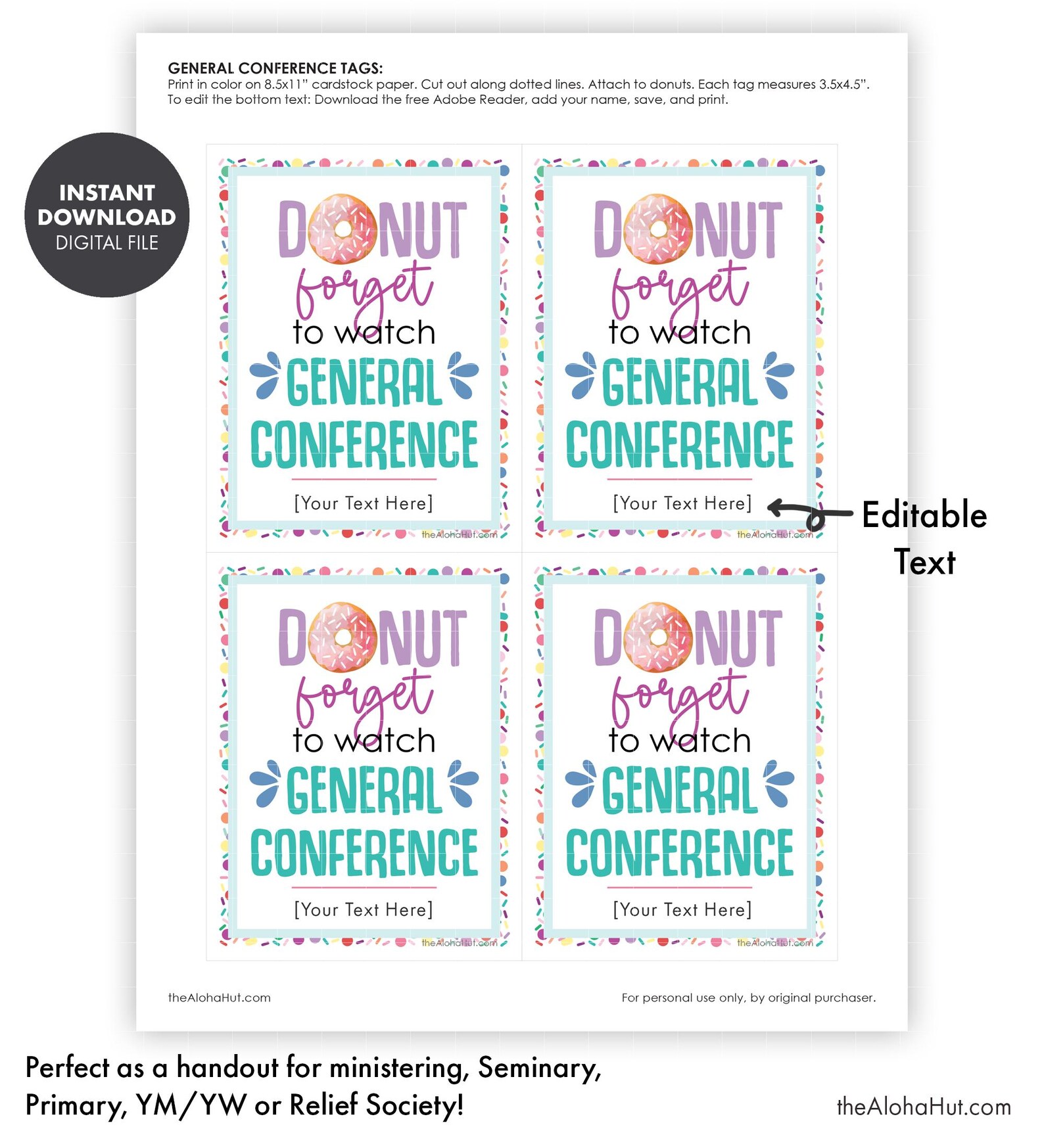Donut General Conference Handout Tag LDS Mormon Relief Society Ym Yw ...