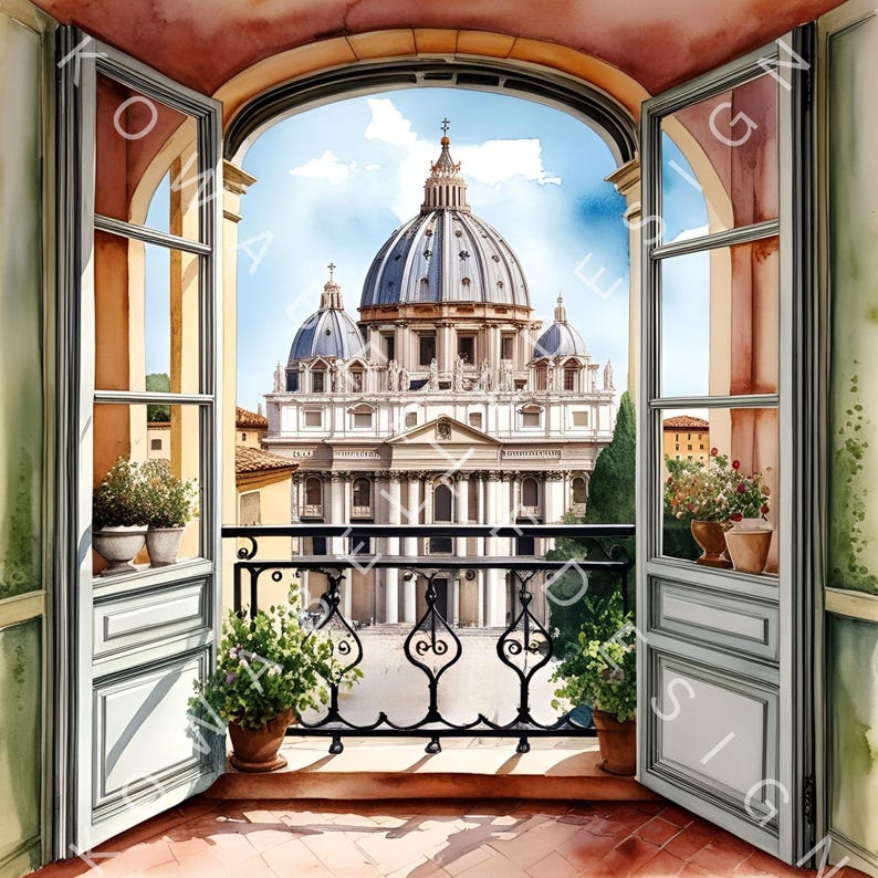 Scenic Rome Balcony View to Vatican City | Rome Watercolor Images 10 ...