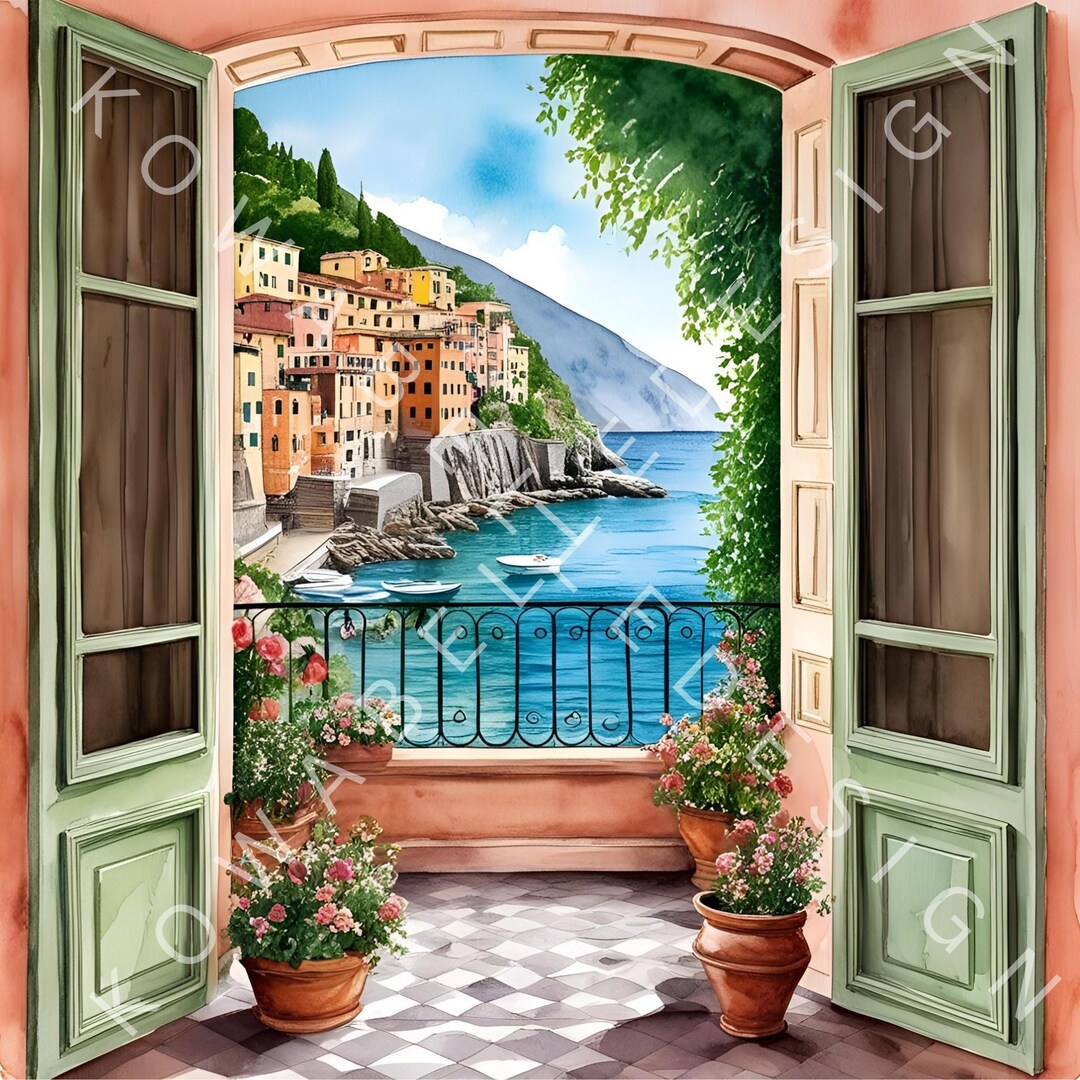 Romantic Italian Balcony, View to Amalfi Coast 10 Jpgs Watercolor ...