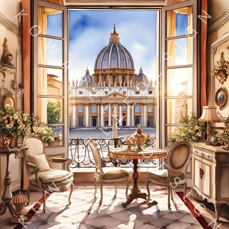 Scenic Rome Balcony View to Vatican City | Rome Watercolor Images 10 ...