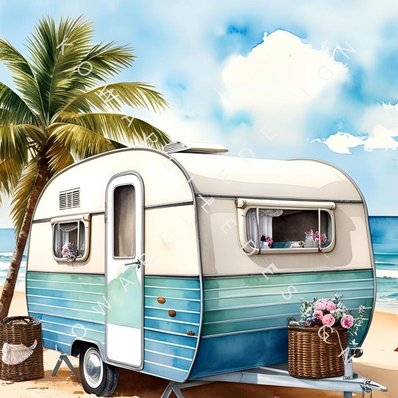 Lovely Caravan Printable Images Watercolor 10 Jpgs High Res | Instant ...