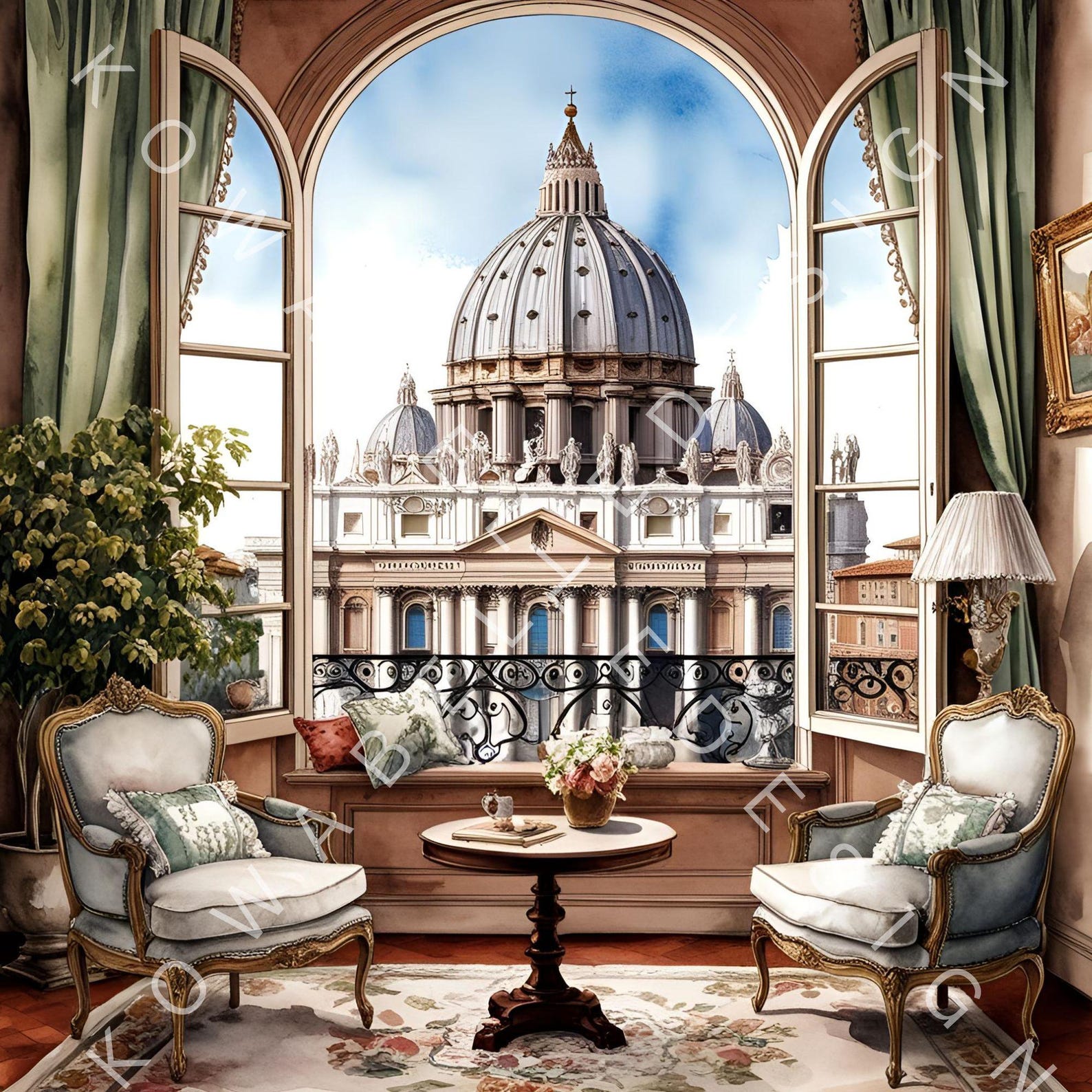 Scenic Rome Balcony View to Vatican City | Rome Watercolor Images 10 ...