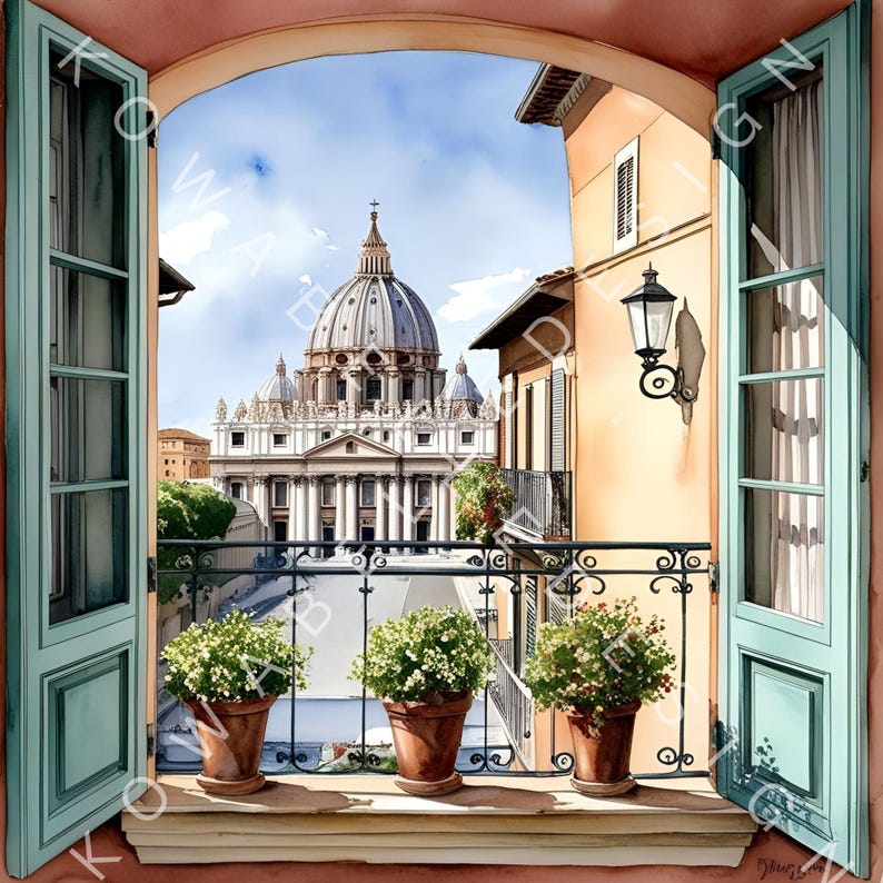 Scenic Rome Balcony View to Vatican City | Rome Watercolor Images 10 ...